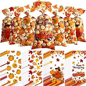 160 Pieces Thanksgiving Treat Bags Fall Cellophane Bags Plastic Happy Thanksgiving Pumpkin Fall Leave Turkey Sign Gift Bags with 160 Gold Twist Ties for Thanksgiving Fall Autumn Theme Party Supplies