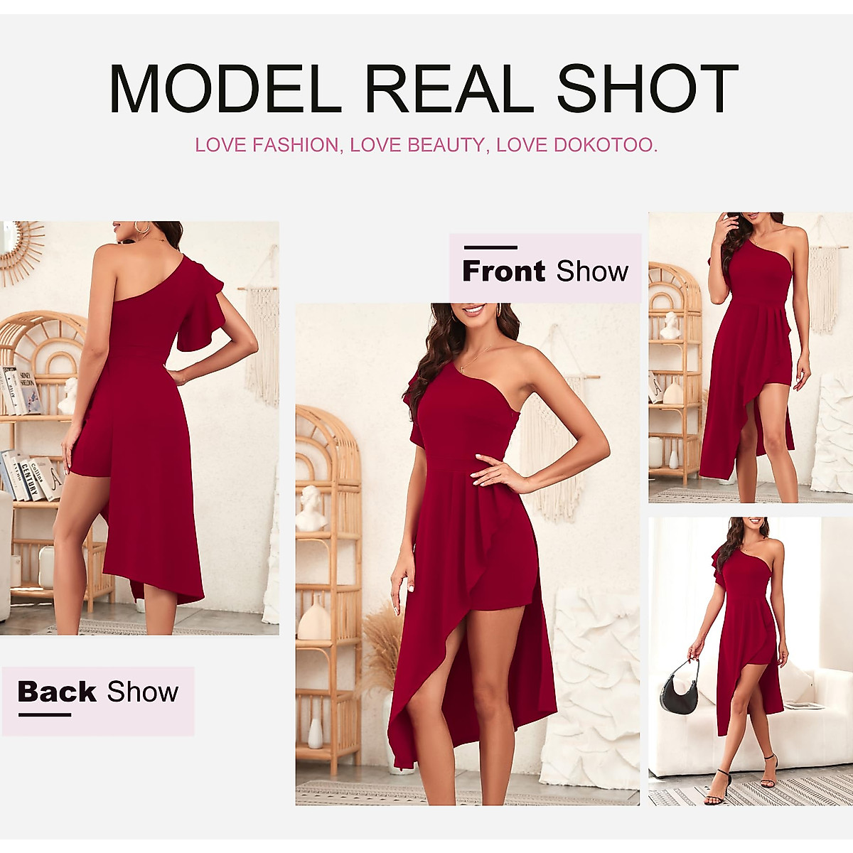 Dokotoo One Shoulder Dresses for Women Elegant Ruffle Empire Waist Asymmetrical Hi-Lo Hem Solid Zipper Up Bodycon Party Wedding Guest Midi Semi Formal Dresses Red X-Large