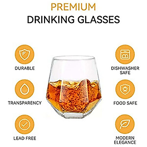 AJLS Whiskey Glasses: Whiskey glasses for men, Wine, Scotch Diamond Stemless Glasses Set of 2: 10oz; Tilt Prevents Fall, Luxury Barware
