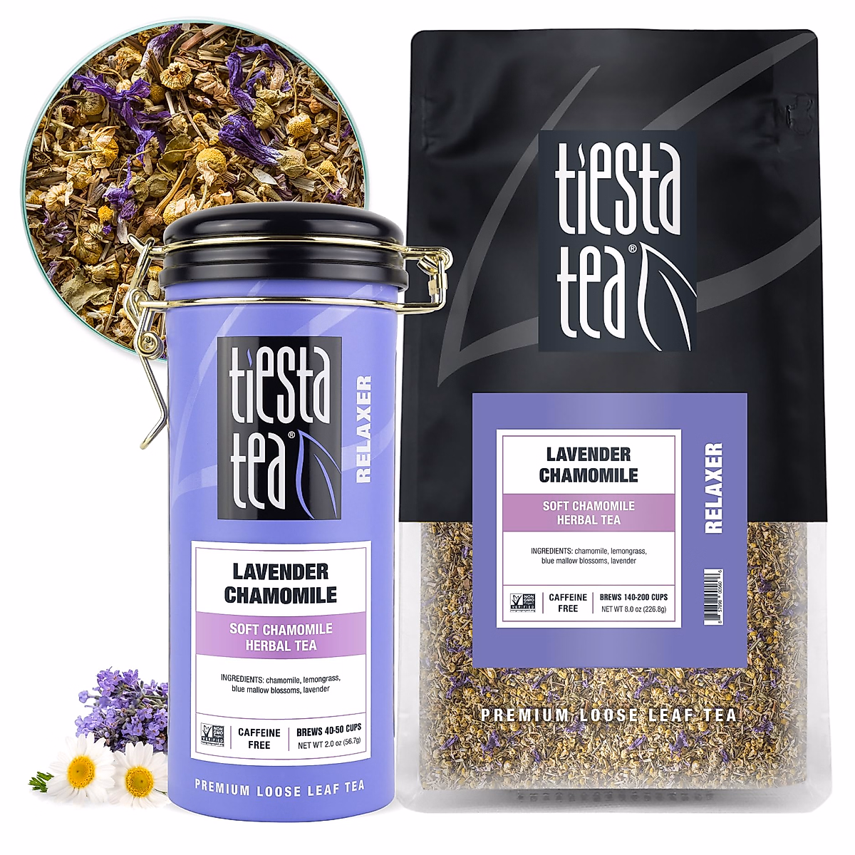 Tiesta Tea - Lavender Chamomile | Loose Leaf | Soft Chamomile Herbal Tea | Premium Non-Caffeinated Blend | Make Hot or Iced & Brews Up to 250 Cups | 8oz Bulk Pouch & 2oz Refillable Tin Combo