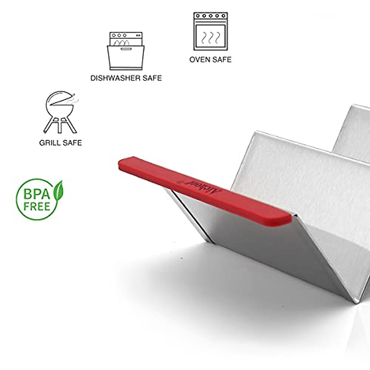 Taco Holder Stands Stainless Steel Set of 6 with Colorful Silicone Easy-Access Handle, Taco Rack, Taco Shell Holder, Taco Tray, Oven, Grill, and Dishwasher Safe, Smooth Edge