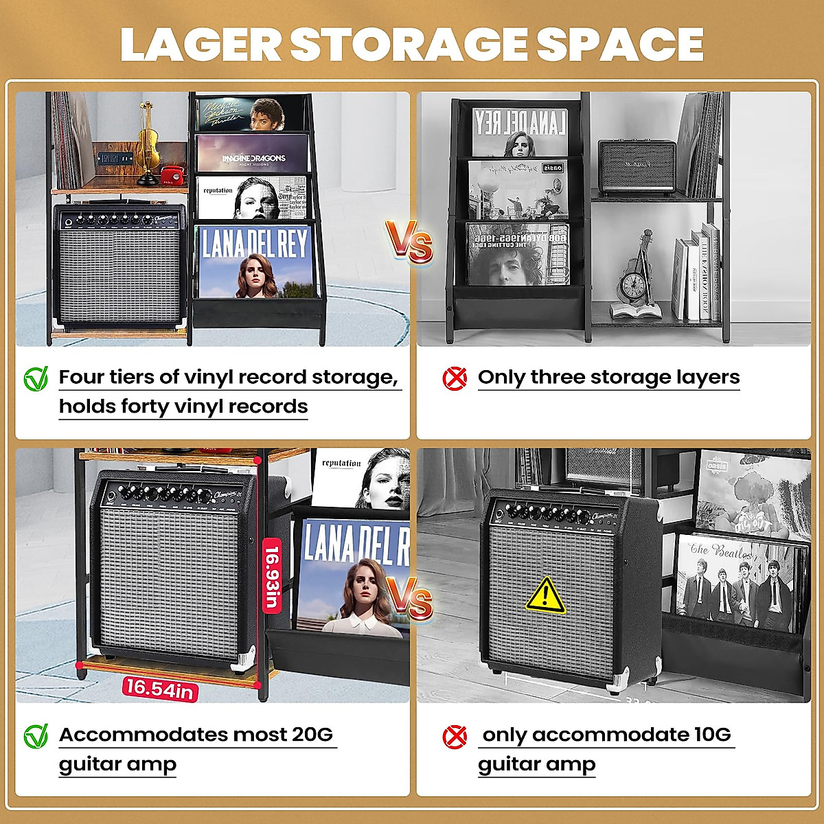 WEGOODLDER 3-Tier Vinyl Record Storage Stand with Built-in USB Ports and Power Outlets, Brown