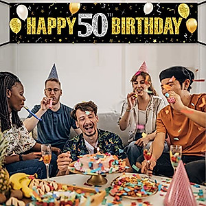 50th Birthday Banner Decorations for Men Women, Black Gold Happy 50 Birthday Yard Banner Sign Party Supplies, Fifty Year Old Birthday Party Decor for Indoor Outdoor