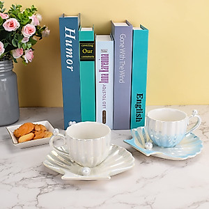 Koythin Ceramic Coffee Mug with Saucer, Creative Pearl Shell Cup, Cute Coffee Mugs for Office and Home, 6.5 oz/200 ml for Tea Latte Milk (Gradient Blue)