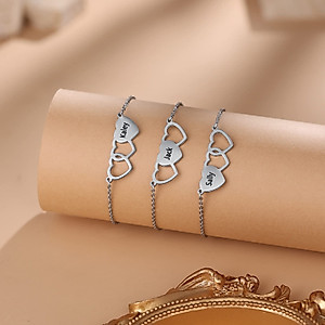 Ashleymade 3PCS Personalized Name Heart Bracelet Best Friend Bracelet for 3 Sister Jewelry Link Chain Gift Friendship Adjustable Custom Names Engraved Love Bracelets for Women (3PCS)