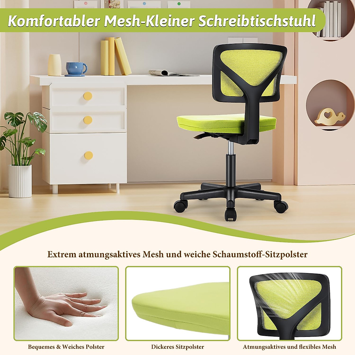 DUMOS Armless Desk Chairs with Wheels Cute Home Office Chair No Arms, Ergonomic Adjustable Swivel Rolling Task Chair, Comfy Mesh Mid Back Computer Work Vanity Chair for Small Spaces, Green