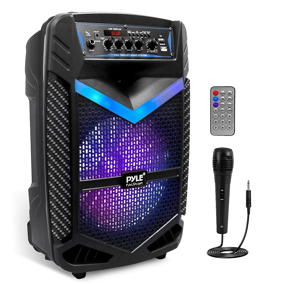 Pyle Portable Bluetooth PA Speaker System - 600W Rechargeable Outdoor Bluetooth Speaker Portable PA System w/ 10” Subwoofer 1” Tweeter, Recording Function, Mic In Party Lights USB/SD Radio
