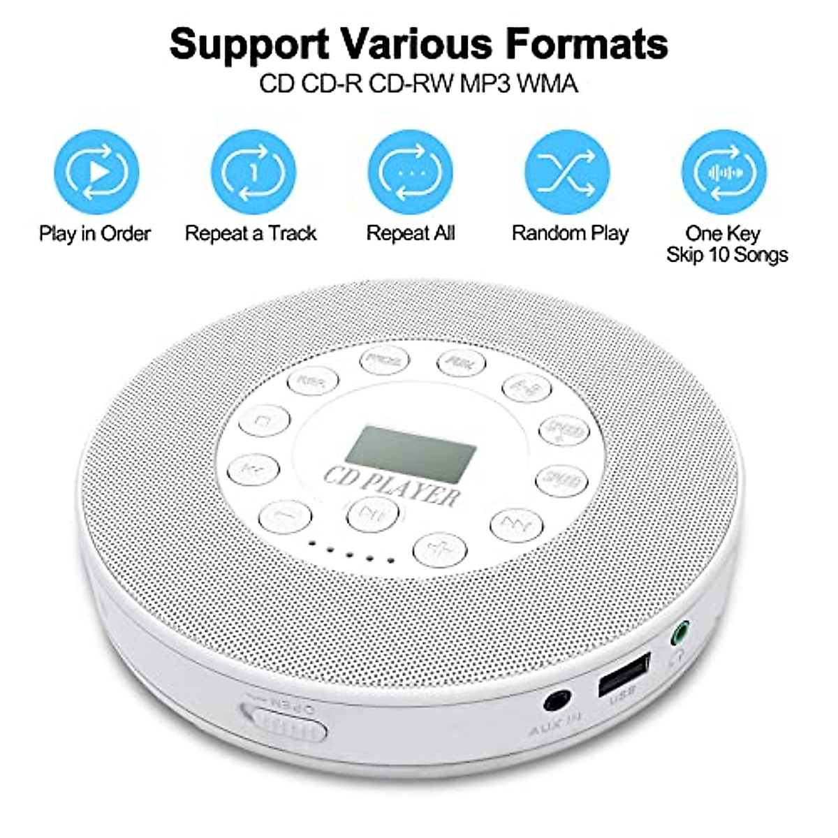 WOKALON Walkman CD Player Portable with Radio,Small Personal Portable CD Player with Headphones Speakers,Rechargeable Discman Kpop Music Compact CD Players for Kids Home Car,2000mAh,Anti-Skip(White)