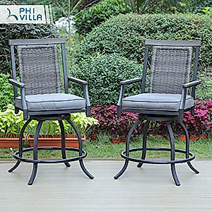 PHI VILLA 5 PCS Outdoor Rattan Swivel Bar Set, Bar Height Chair with 3.5" Thicker Cushion & Retro-Metal Square Table,Sturdy and Durable Bar Set for Poolside,Yard