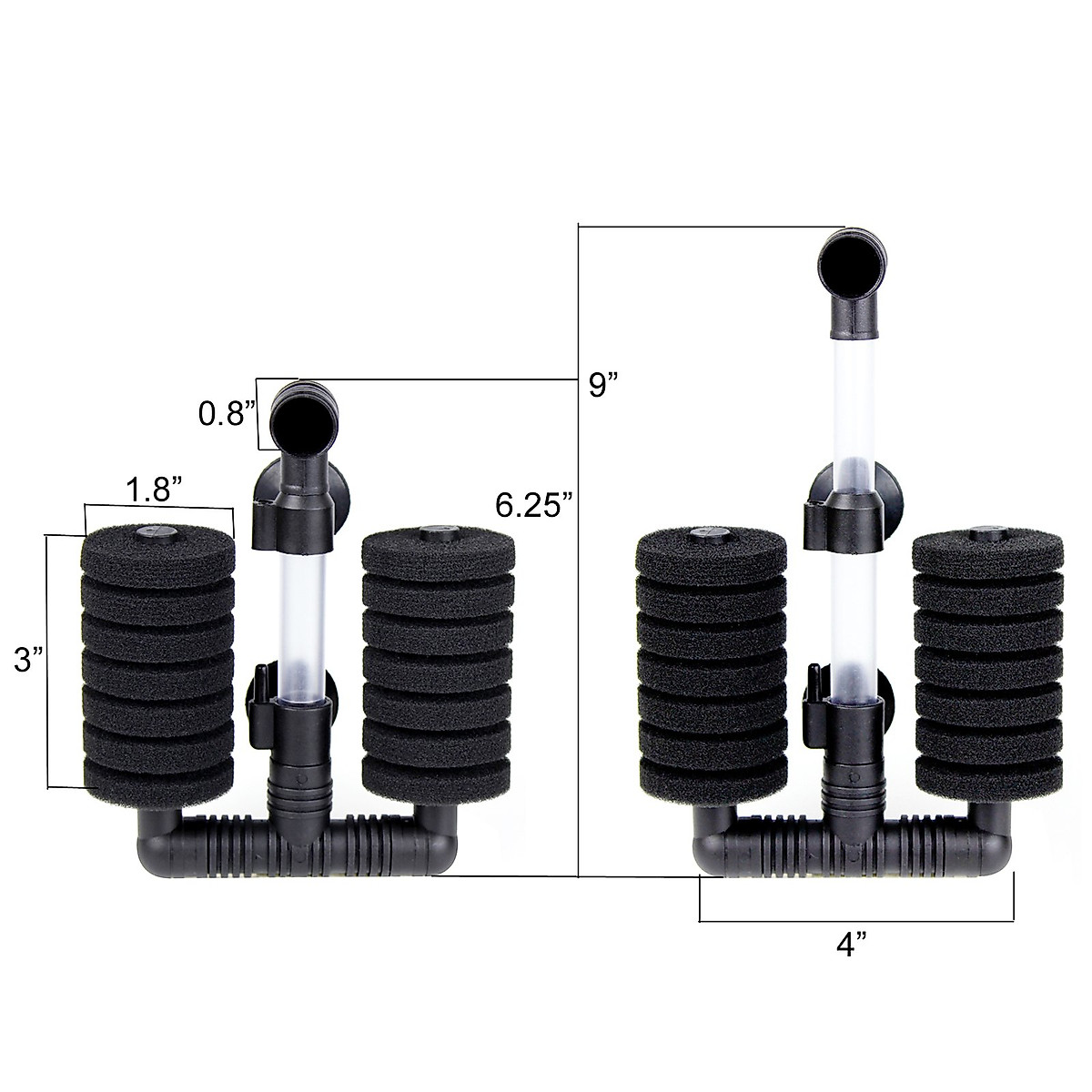 AQUANEAT Double Bio Sponge Filter, for Fry, Betta, Shrimp, Nano Aquarium Fish Tank with Airline Tubing, Air Pump Valves, Suction Cups (Small up to 10 Gal)