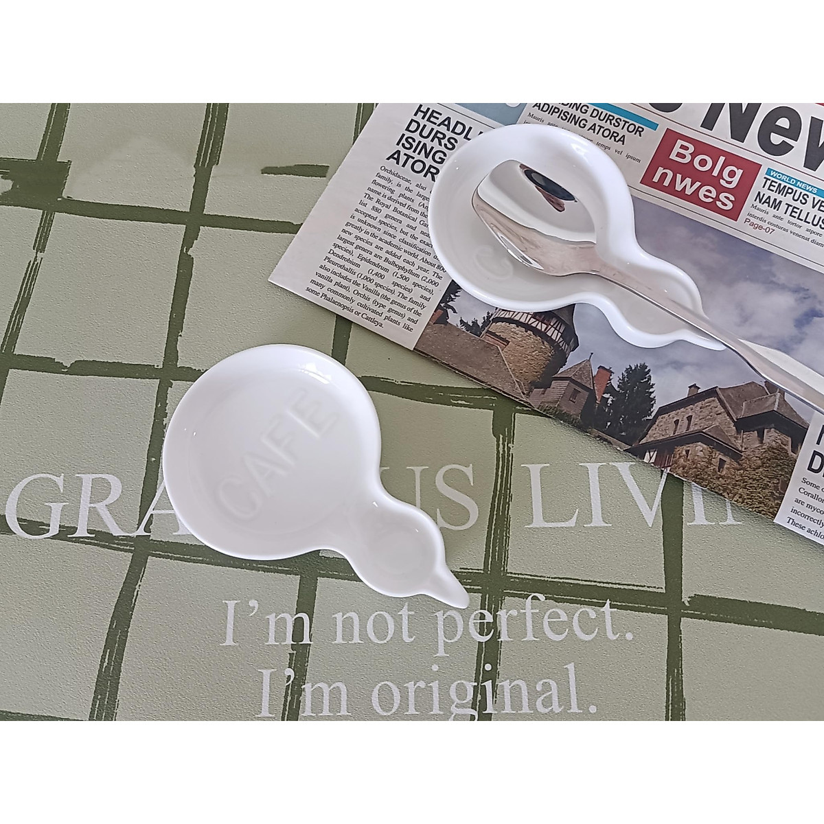 Coffee Spoon Rest for Coffee Bar Accessories, Small Spoon Rest for Coffee Station, Ceramic Tea Spoon Rest Tea Spoon Holder Teaspoon Rest (White, CAFE Pattern)