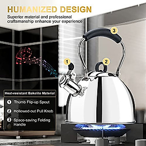 Tea Kettle Stovetop - HIHUOS 2.64QT Whistling Tea Pots for Stove Top - Sleek Teapots with Universal Base, Mirror Stainless Steel Teakettle with Cool Grip Bakelite Handle