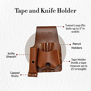 Style n Craft Tape and Knife Holder, Full-Grain Leather Tool Holder with Tape Holder, Knife Sheath, and Pencil Holder, Dark Tan (98015)