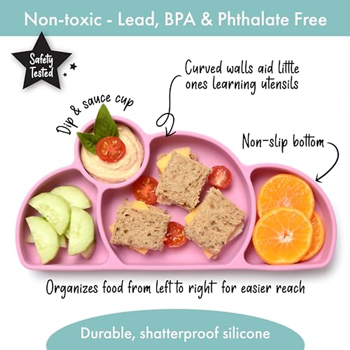 PrimaStella Silicone baby & toddler plate, baby led weaning supplies - Easy-reach design for self-feeding (Plum Pink Purple)