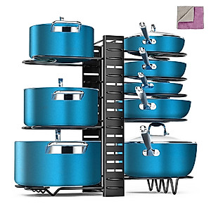 Gadhra Pots and Pans Organizer for Cabinet, 8 Tier Pot Rack with 3 DIY Methods, Adjustable Pot Lid Holders & Pan Rack, Pot Organizer for Kitchen Organization & Storage, Cabinet Organizer