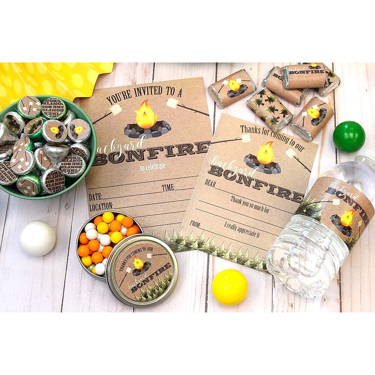 Backyard Bonfire Birthday Party Bundle Includes 20 each of Invitations & Thank You Cards with Envelopes + 2 Different Sizes of Stickers, Mini Candy Bar Wrappers, & Water Bottle Labels!