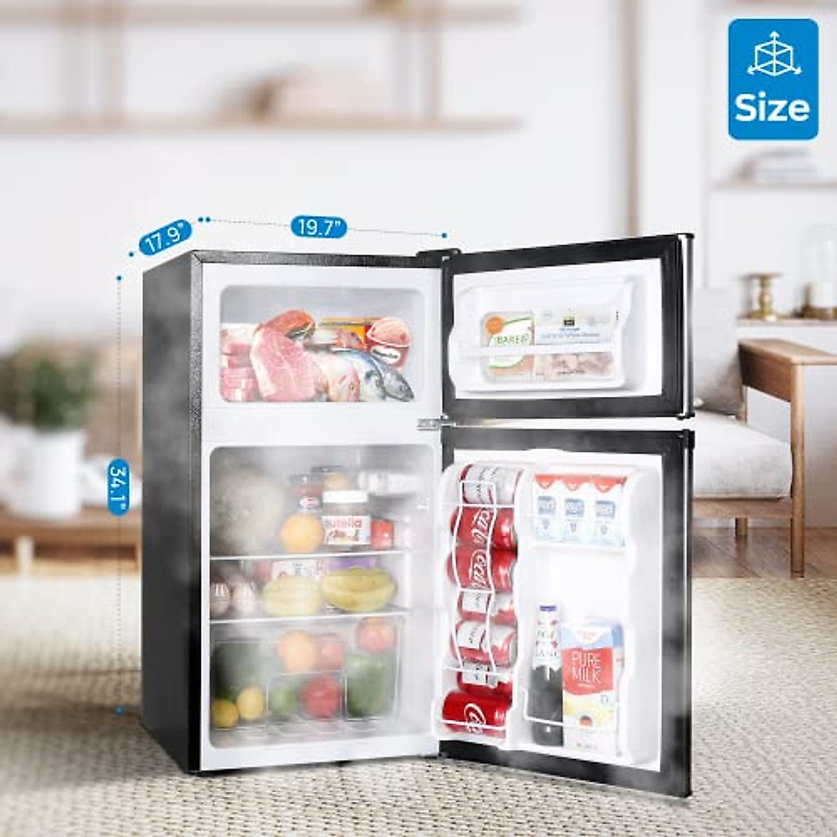 Upstreman 3.2 Cu.Ft Mini Fridge with Freezer, Stainless Steel 2 door, Adjustable Thermostat, Low noise, Energy-efficient, Compact Refrigerator for Dorm, Office, Bedroom