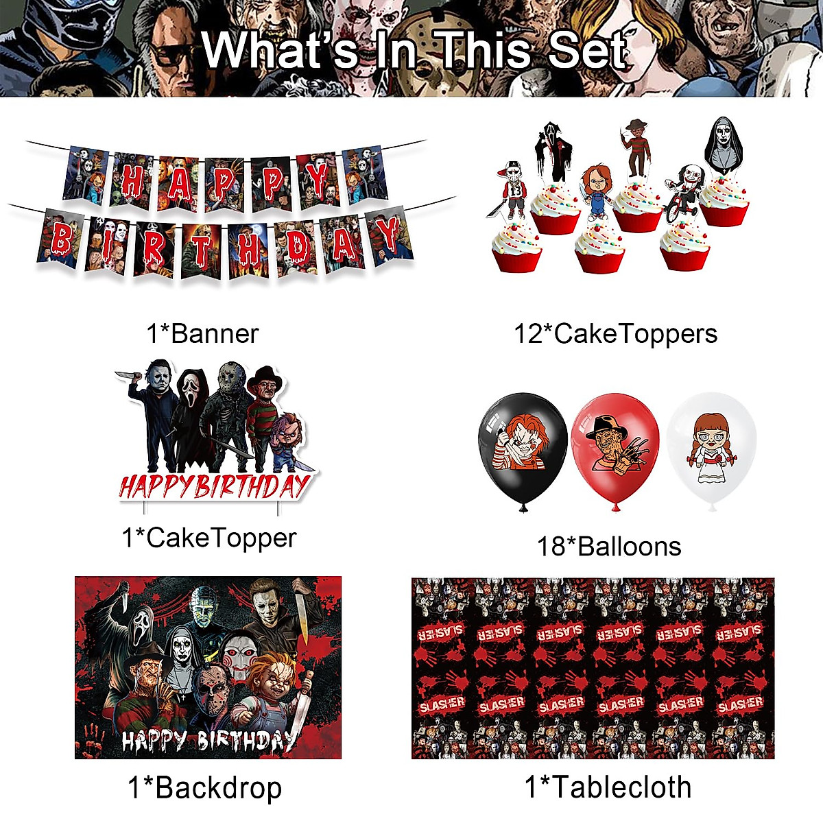 Horror Classic Movie Birthday Supplies, Horror Themed Character Party Decorations Includes Banners, Cake Toppers, Balloons, Cupcake Toppers, Backdrop, Tablecloths, Scream Party Gift for Fans Kids