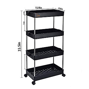 AHXML 4-Tier Storage Cart Rolling Utility Cart Storage Shelf Rack Mobile Storage Organizer Shelving for Office, Kitchen, Bedroom, Bathroom, Laundry Room & Dressers, Plastic & Stainless Steel, Black