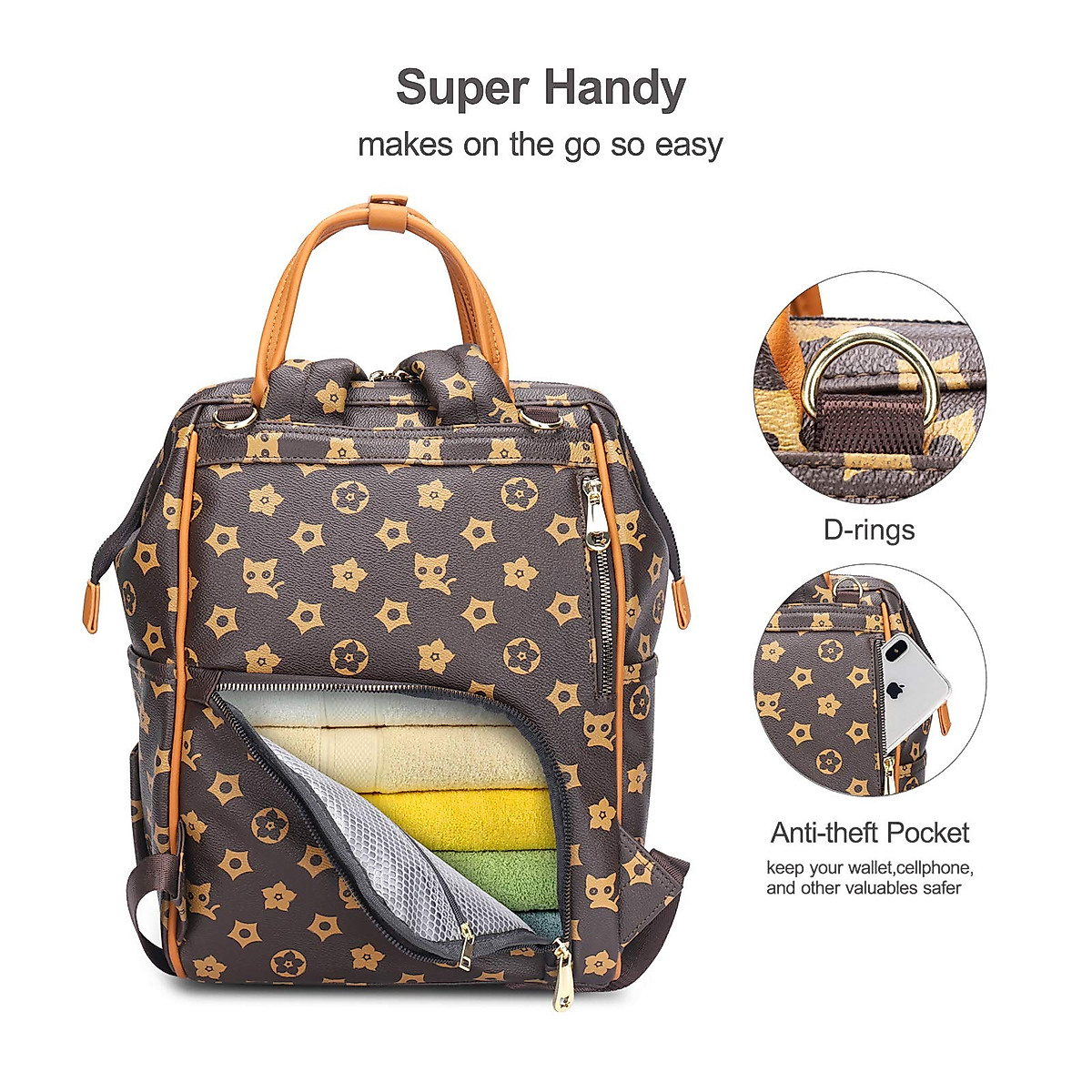 Hafmall Diaper Bag Backpack, Leather Baby Bag for Mom and Dad, Mini Diaper Backpack with Changing Pad and Stroller Hooks, Stylish Mommy Bag for Travel, Baby Registry Search, Brown