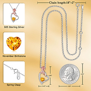 Iefil Birthstone Necklaces for Women - Anniversary Birthday Gifts for Women, Citrine Heart Necklace, November 925 Sterling Silver Rose Heart Birthstone Necklace for Women, Jewelry Gifts for Her Wife