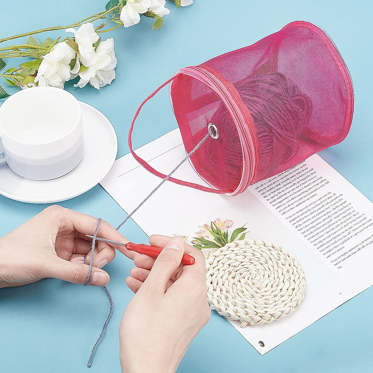 NBEADS 2 Pcs Empty Mesh Yarn Bags, Portable Knitting Bag Organza Storage Cases Tote Bags Crochet Thread Sewing Accessories for Yarn Storage (Fuchsia and Purple)