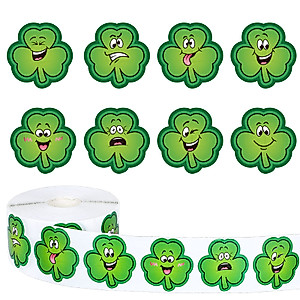 Whaline 1000Pcs St. Patrick's Day Stickers Green Shamrock Shape Stickers in Roll 1.5Inch Clover with Assorted Expressions Label Self-Adhesive Stickers for Irish Party Seals Cards Envelopes, 8 Design
