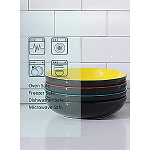 Teocera Pasta Bowls, Large Salad Bowls, Porcelain Bowl Set, Wide and Shallow, Microwave and Dishwasher Safe, 35 Ounce - Set of 4, Black Multi Color