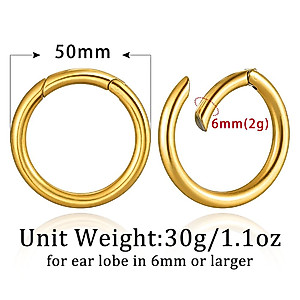 Earblity 2PCS 50mm Big Hoop Ear Hangers Weights For Stretching Ear Lobe Gold 316 Stainless Steel Piercing Ear Gauges Tunnels Earrings Stretcher Ear Plugs Body Jewelry