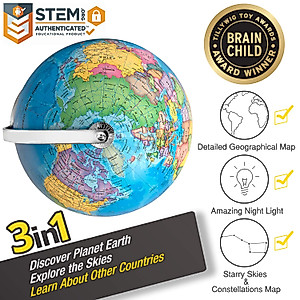 SMART WALLABY 9" Illuminated Educational Kids World Globe + STEM Flags & Countries Interactive Card Game. 3 in 1 Children Desktop Spinning Earth Political & Constellation Maps, LED Night Light Lamp