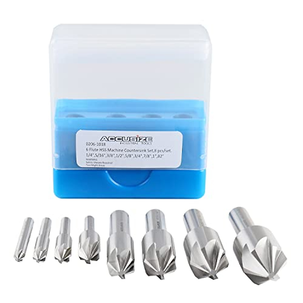 Accusize Industrial Tools 82 Degree 6 Flute H.S.S. Machine Countersink, 8 Pcs, Precision Ground, 0206-1018