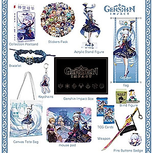 LimuToy Genshin Impact Box - Including Genshin Impact Figure Blind Box, Canvas Tote Bag,Flag, Stand Figure,Mouse pad,Keychain, Weapon,Bracelet, Stickers Pack,TCG Cards,Brooch (Ayaka)
