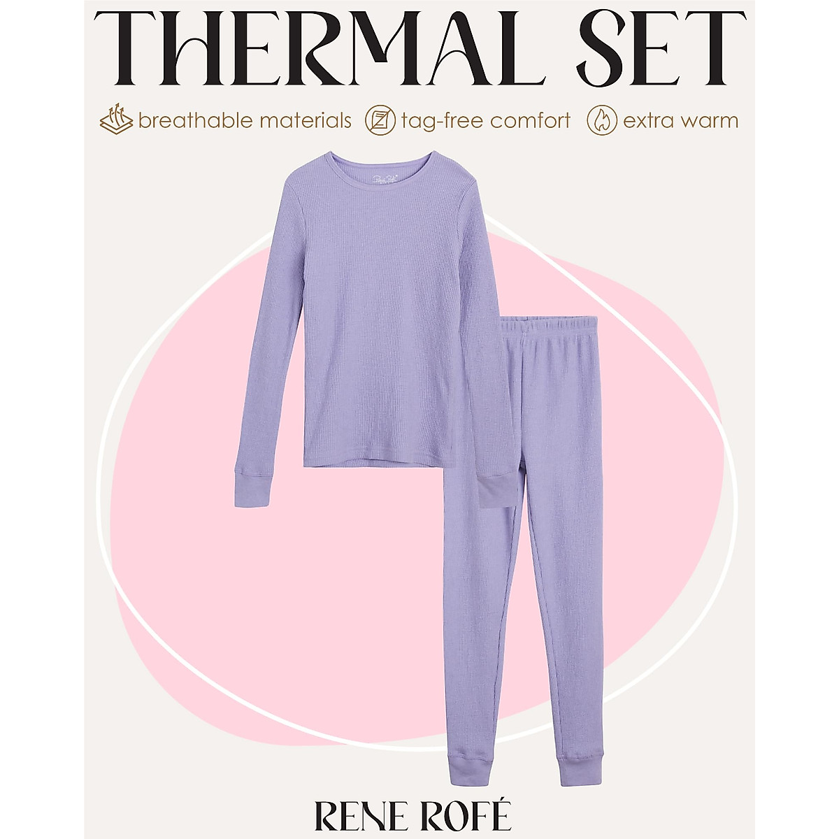 Rene Rofe Girls' Thermal Underwear Set - 2 Piece Waffle Knit Top and Long Johns (2T-16), Size 7-8, Lavender