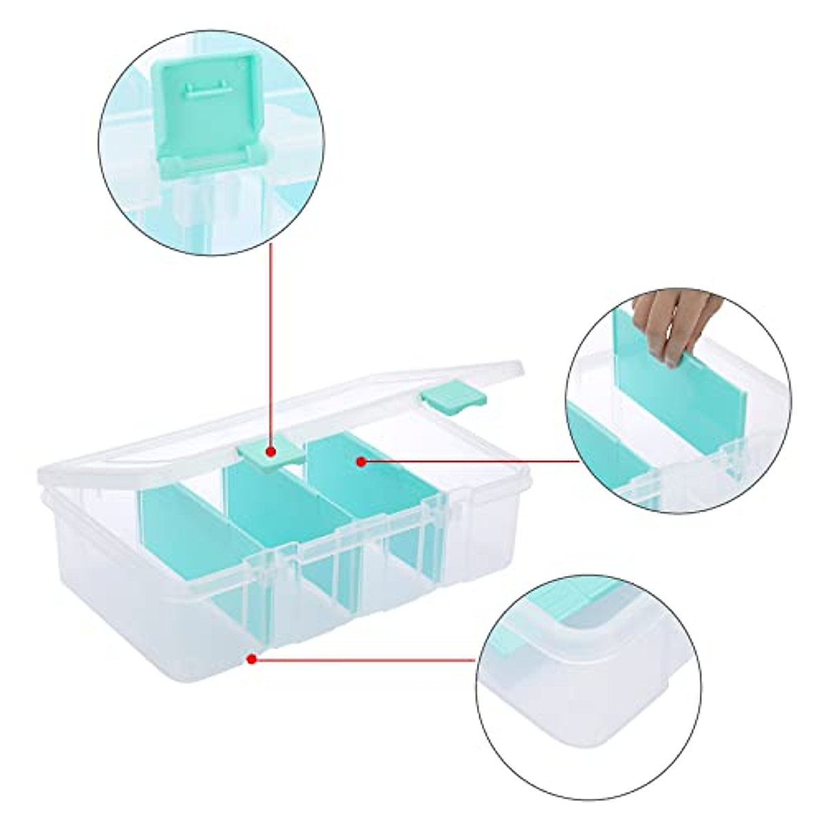 BTSKY Clear Plastic Dividing Storage Box with 4 Compartments Adjustable Storage Bin with Lid Plastic Craft Storage Container Multipurpose Sewing Box Art Supply Organizer, 13.3x8.1x3.4 Inches