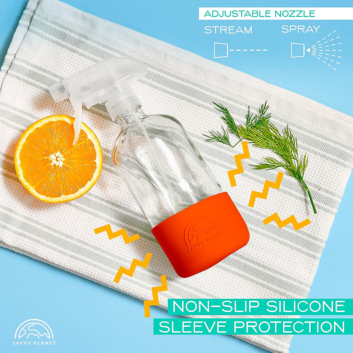 SAVVY PLANET Empty Clear Glass Spray Bottles with Silicone Sleeve Protection - Refillable 16 oz Containers for Cleaning Solutions, Essential Oils - Quality Sprayer - 2 Pack (White & Gray)