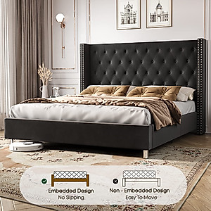 PaPaJet Bed Frame Queen Size Upholstered Bed Velvet Low Profile Platform Bed with Raised Wingback Headboard/No Box Spring Needed/Easy Assembly/Black