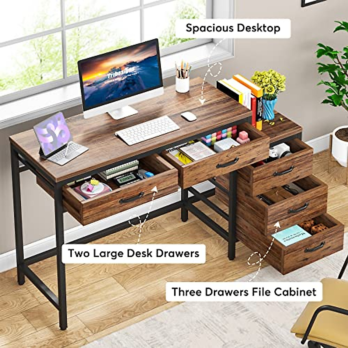 Tribesigns Computer Desk with 5 Drawers, Home Office Desks with Reversible Drawer Cabinet Printer Stand, Industrial PC Desk with Storage, Rustic Study Writing Table Workstation for Small Spaces