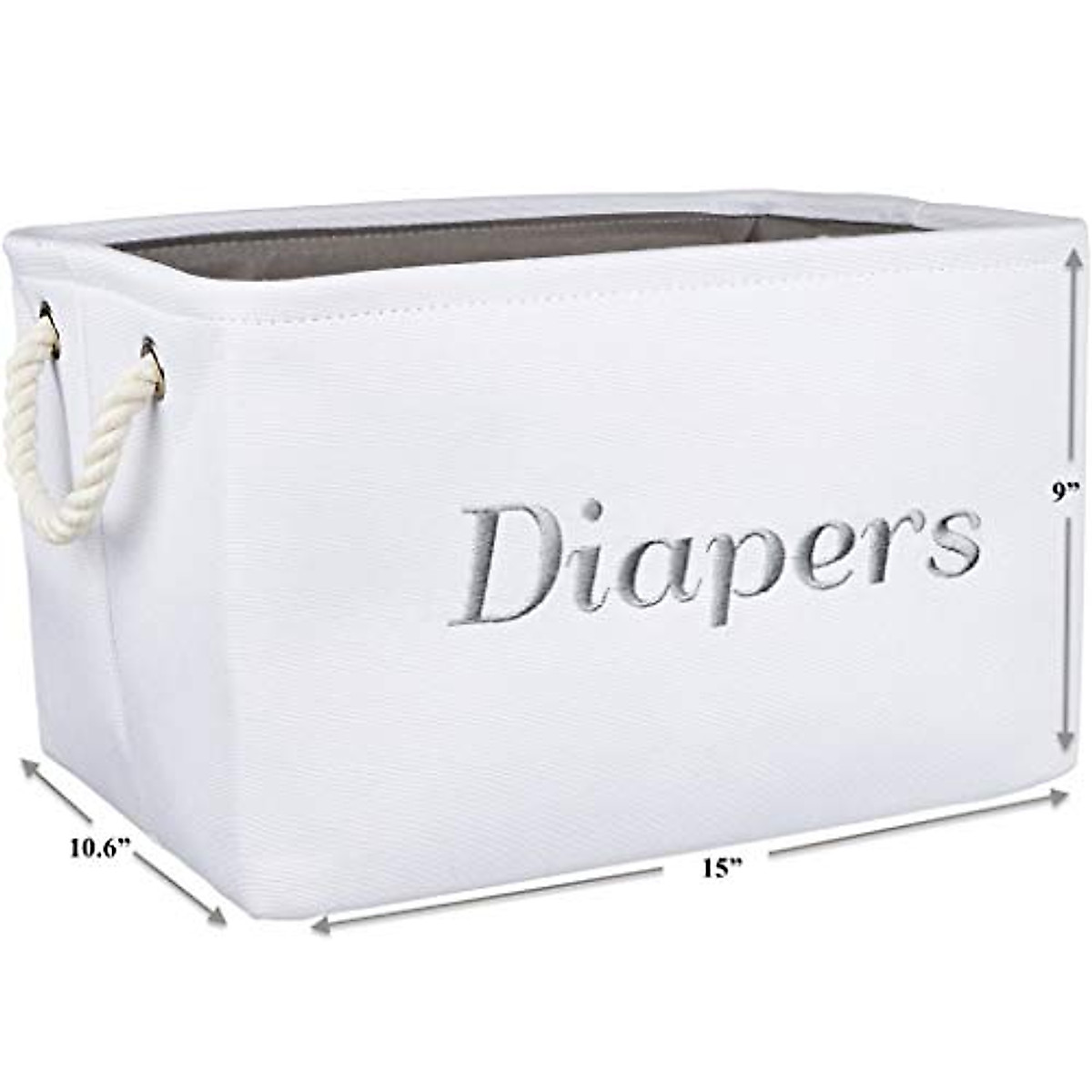 APPLE PIE ORDER Diaper holder, Storage & organizer Basket for Nursery, Baby boy or girl. White Canvas fabric Decorative Bin with Gray Embroidering.