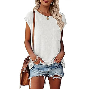 MEROKEETY Women's Casual Cap Sleeve T Shirts Basic Summer Tops Loose Solid Color Blouse White