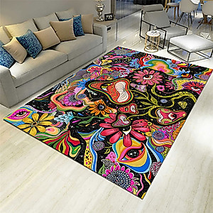 LGGQQW Mushroom Area Rug Trippy Trug Cute Flower Rug Colorful Hippy Carpet for Bedroom