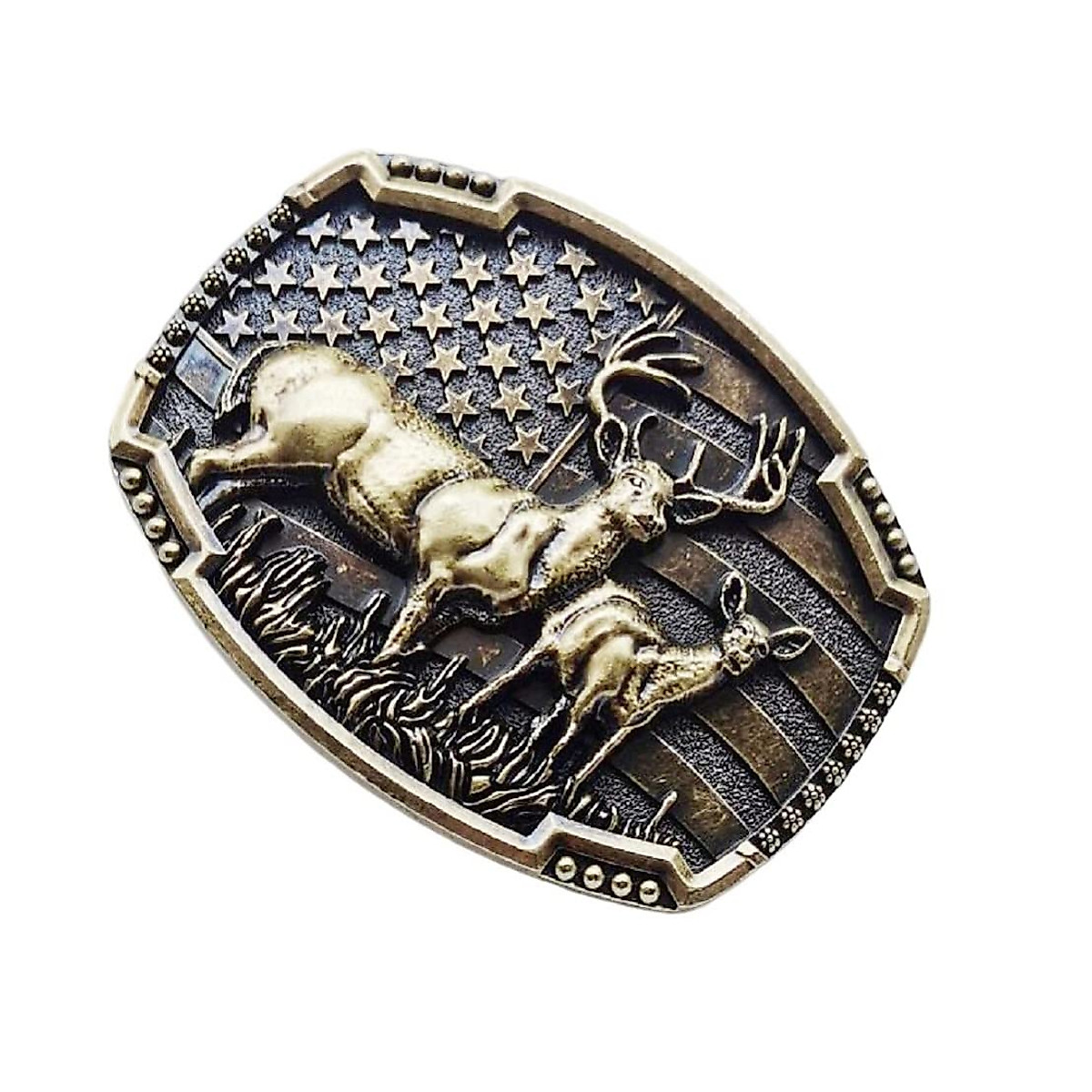 Longcreek Deer Belt Buckle for Men, Patriotic American flag Deer Belt Buckle, Elk Deer Belt Buckle, Norse Viking Deer Head Belt Buckle, Punk Deer Belt Buckle, Western Cowboy Belt Buckle(Gold)
