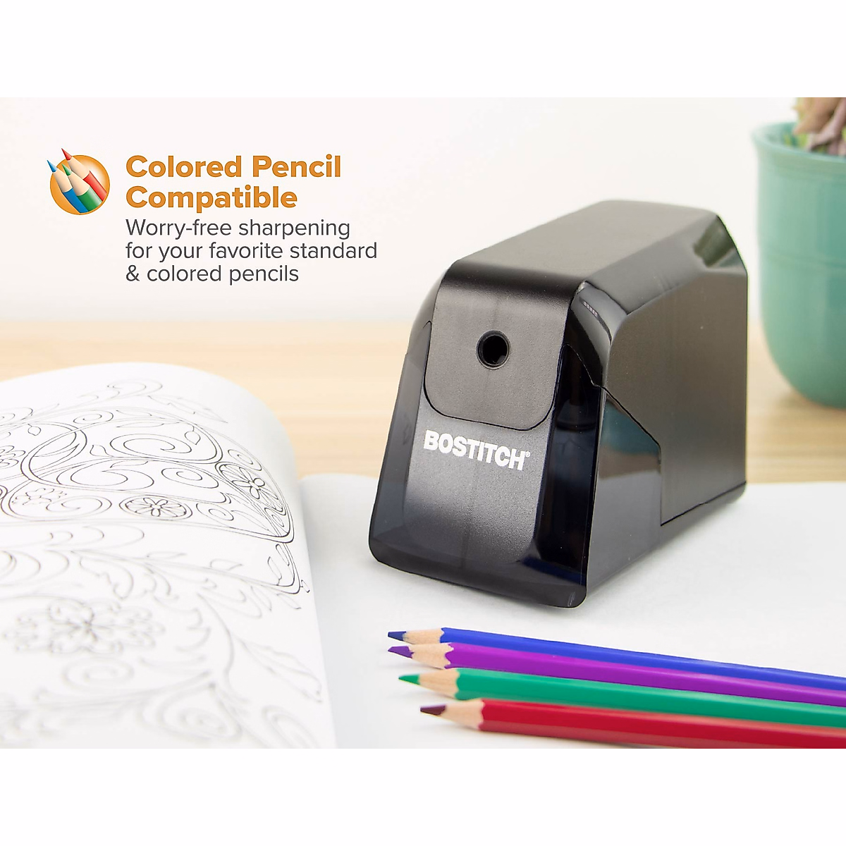 Bostitch Office Battery Pencil Sharpener, 4X Longer Cutter Life, Tip Saver Technology, Black (BPS4-BLK)