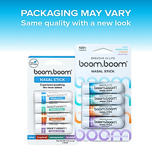 BoomBoom Nasal Stick (4 Pack) | Vapor Flow Technology | Better Breathing + Natural Focus | Cool Refreshing Sensation | Premium Essential Oils + Menthol Inhaler (Mint, Wintermint, Tropical, Lavender)