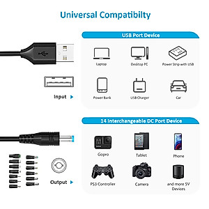 Basicvolt Universal Power Cable USB-A Cable with 14 Interchangeable Connectors 5V USB Charging Cable Compatible with PS3 PS4 Controller Digital Camera Smart Phone Go Pro Pad Speaker Xbox