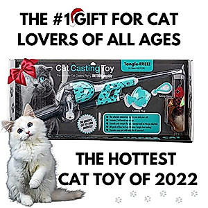 Cat Caster Fishing Pole Toy | Tangle Free, Retractable & Easy to Store. Includes Two Interchangeable Teaser Toys | The Ultimate Gift for Kitty Lovers, Fish Bone