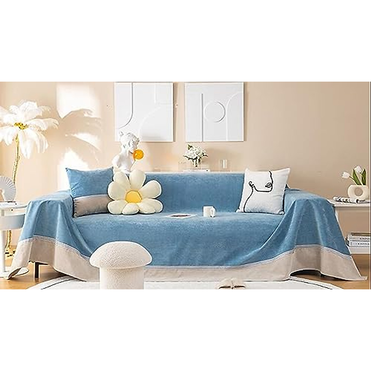 Homxi 4 Seater Sofa Covers for Living Room,78" W x 165" L,Chaise Couch Cover Solid Color with Stripes Couch Covers Polyester Couch Cover Blue