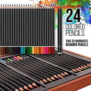 U.S. Art Supply 82-Piece Deluxe Artist Studio Creativity Set Wood Box Case - Art Painting, Sketching Drawing Set, 24 Watercolor Paint Colors, 24 Oil Pastels, 24 Colored Pencils, 2 Brushes, Starter Kit