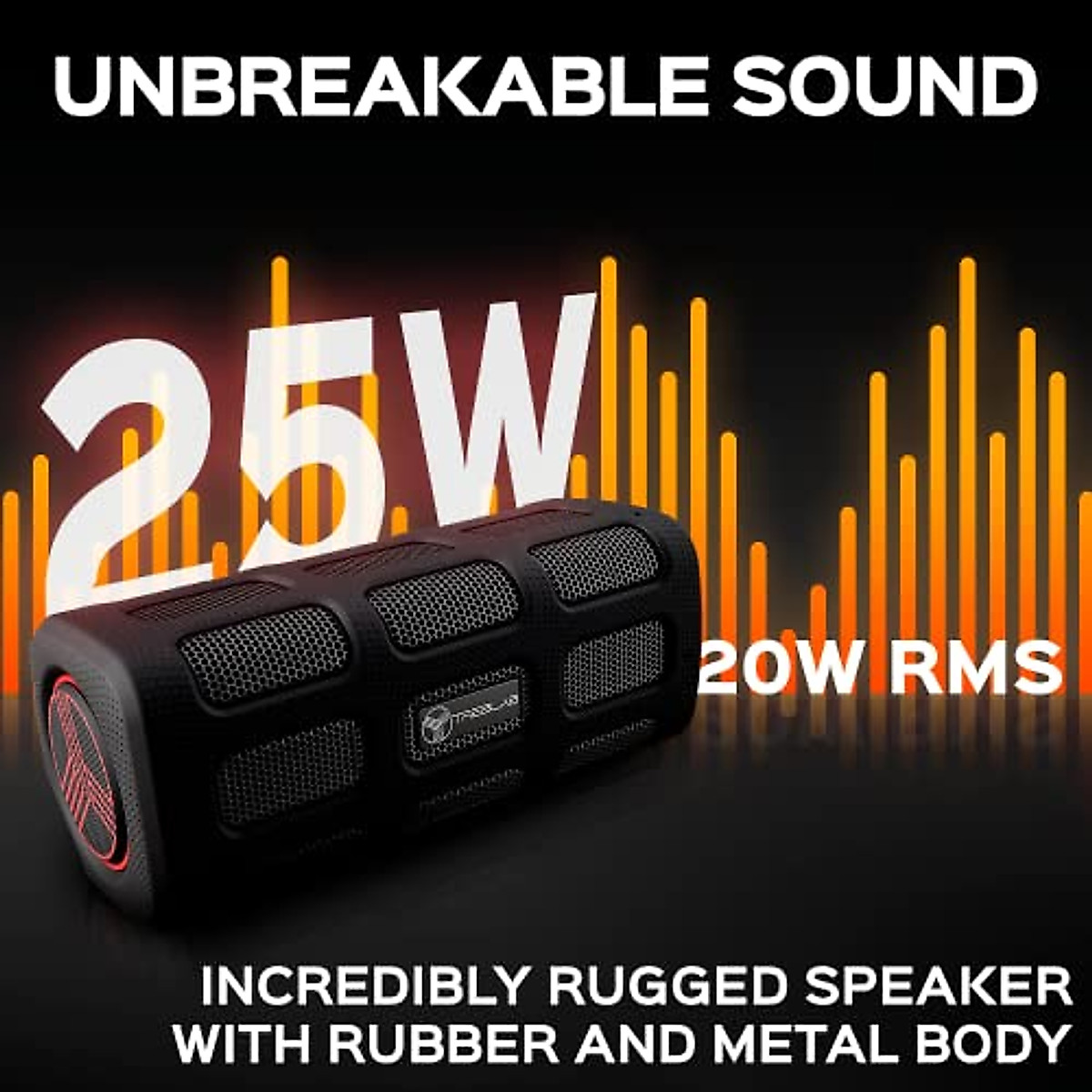 TREBLAB FX100 - Portable Bluetooth Speaker, 20W Rugged Outdoor Speaker, 35H Battery, IPX7 Waterproof Speaker with Metal and Rubber Body, Wireless Speaker w/Powerbank for Work, Travel, Bike, Beach