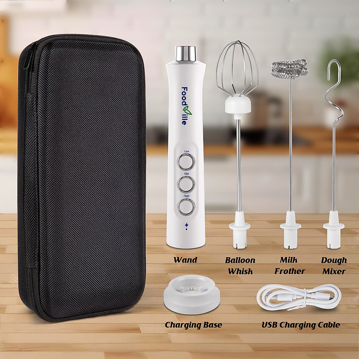 FoodVille MF09 3 in 1 Rechargeable Milk Frother Handheld Foam Maker with Charging Stand & 3 Stainless Steel Whisks (Black with Travel Case)