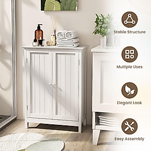 COSTWAY Bathroom Storage Cabinet, Freestanding Bathroom Organizers and Storage with Doors & Adjustable Shelf, Wooden Floor Cabinet for Home, Living Room, Entryway, Kitchen (White)